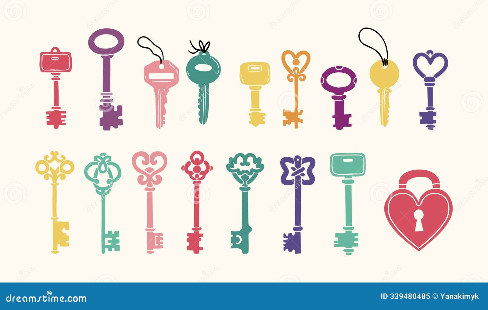 Hand Drawn Colored Vector Keys. Doodle Various Vintage, Modern and Cute ...