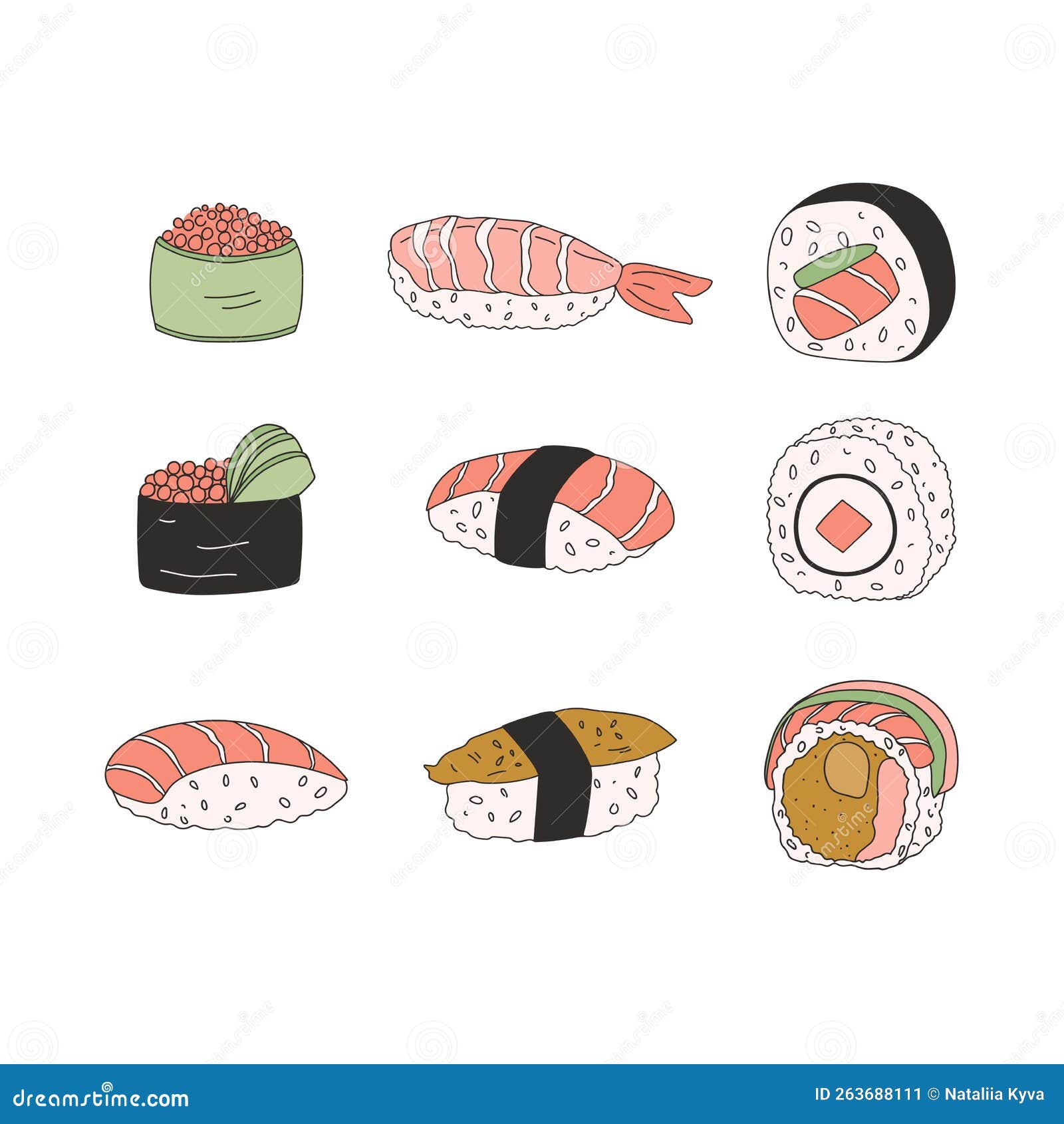 Hand Drawn Colored Set of Sushi Stock Vector - Illustration of ...