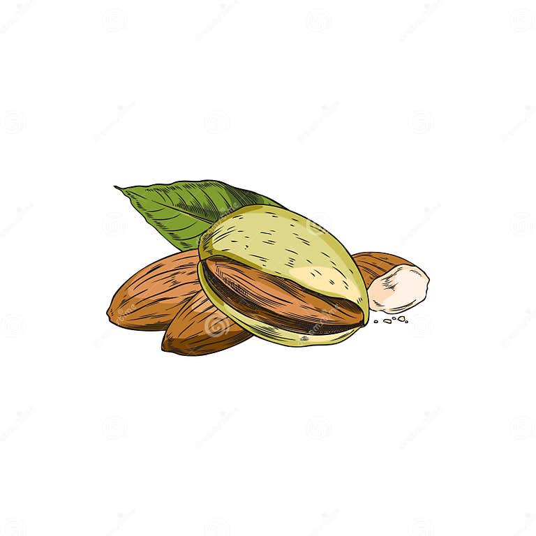 Hand Drawn Colorful Almonds With Leaf Sketch Style Vector Illustration