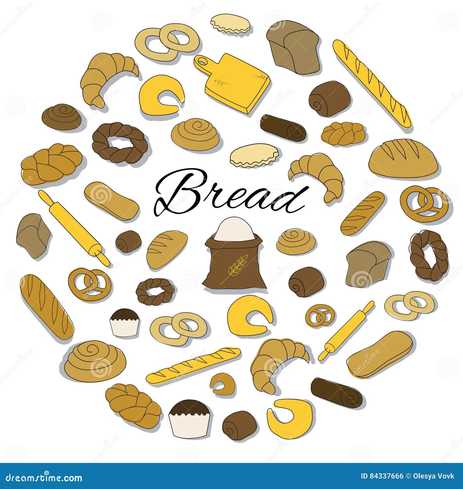 Hand Drawn Colorful Bread Icon Round Set Stock Vector - Illustration of ...