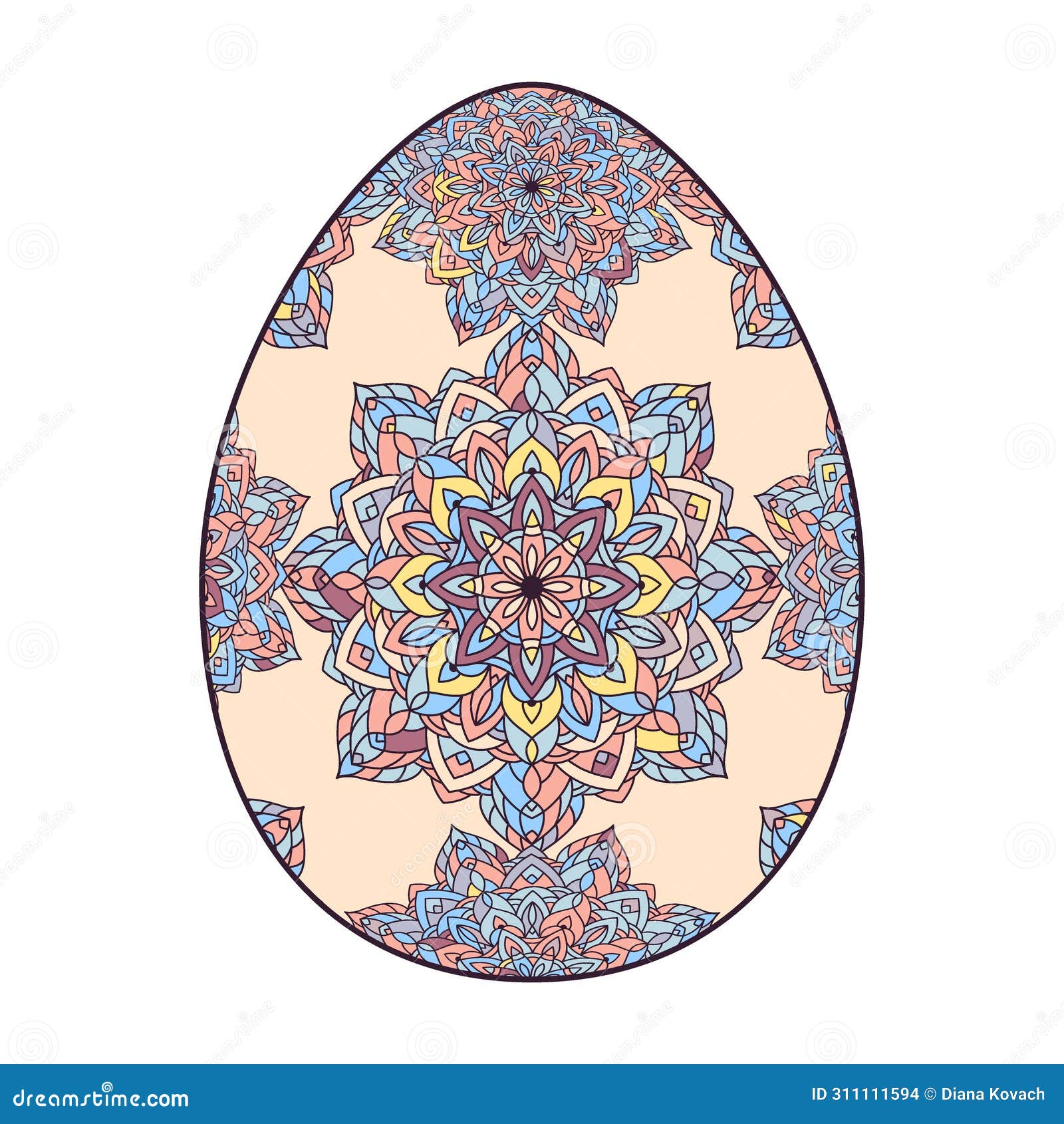 Hand Drawn Colorful Easter Egg with Patterns, Curls, Flowers. Spring Happy Easter Egg with ...