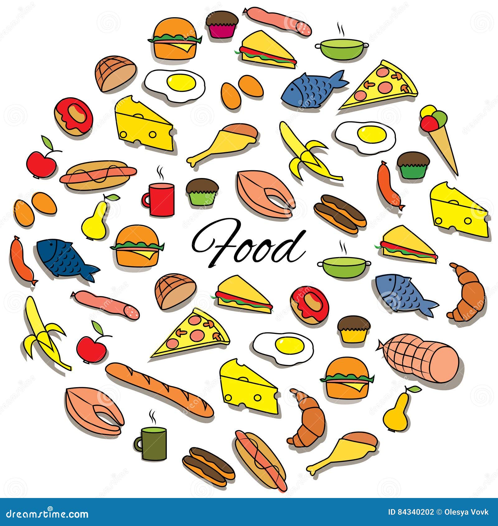 Hand Drawn Colorful Food Round Set Stock Vector - Illustration of lunch ...