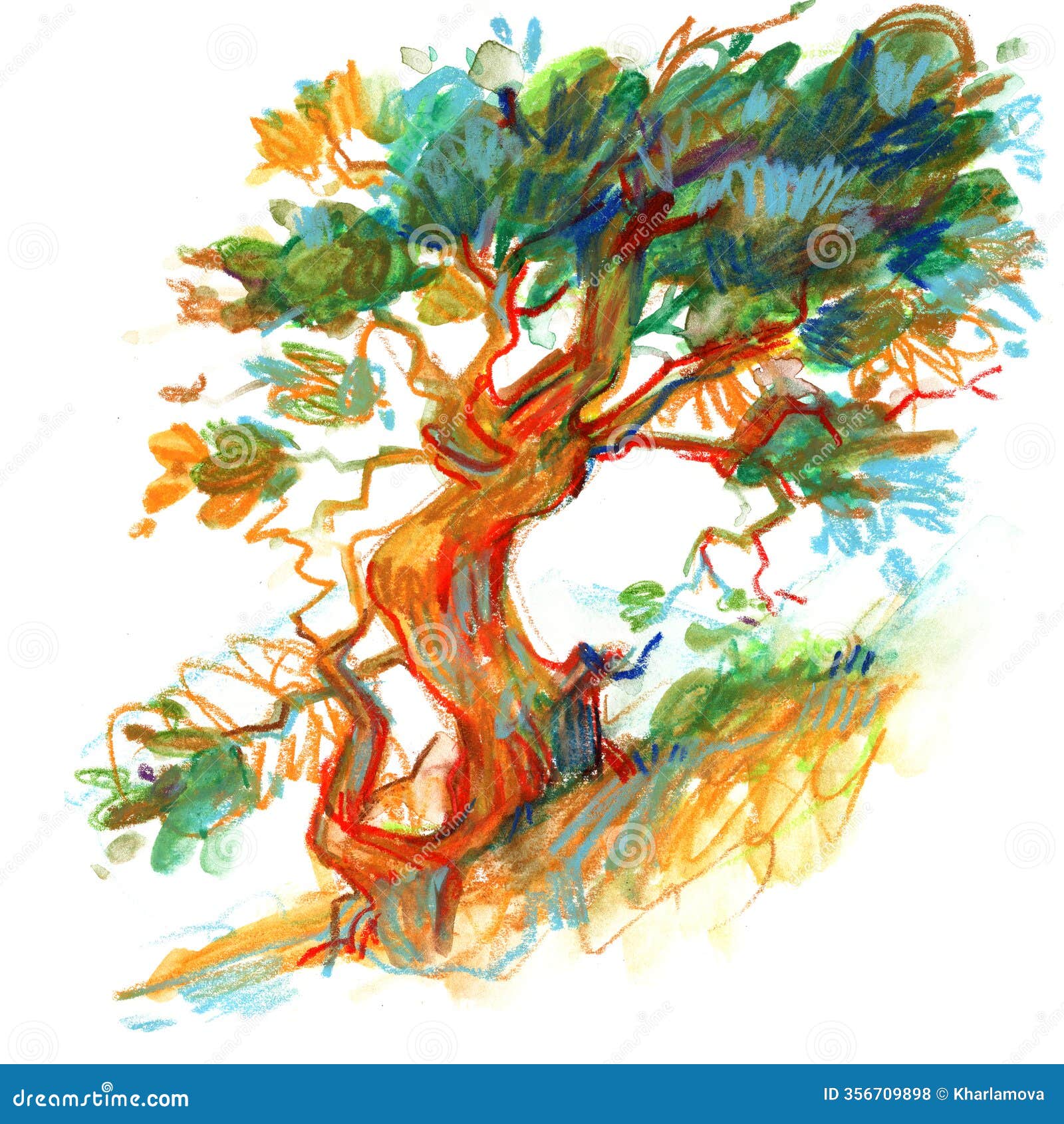 Hand-drawn Colorful Image of a Lone Tree Stock Illustration ...