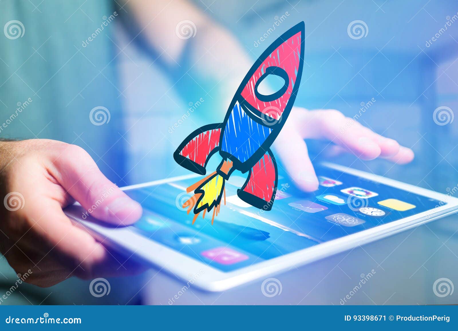 Hand Drawn Colorful Rocket Icon Displayed on a Futuristic Interface ...