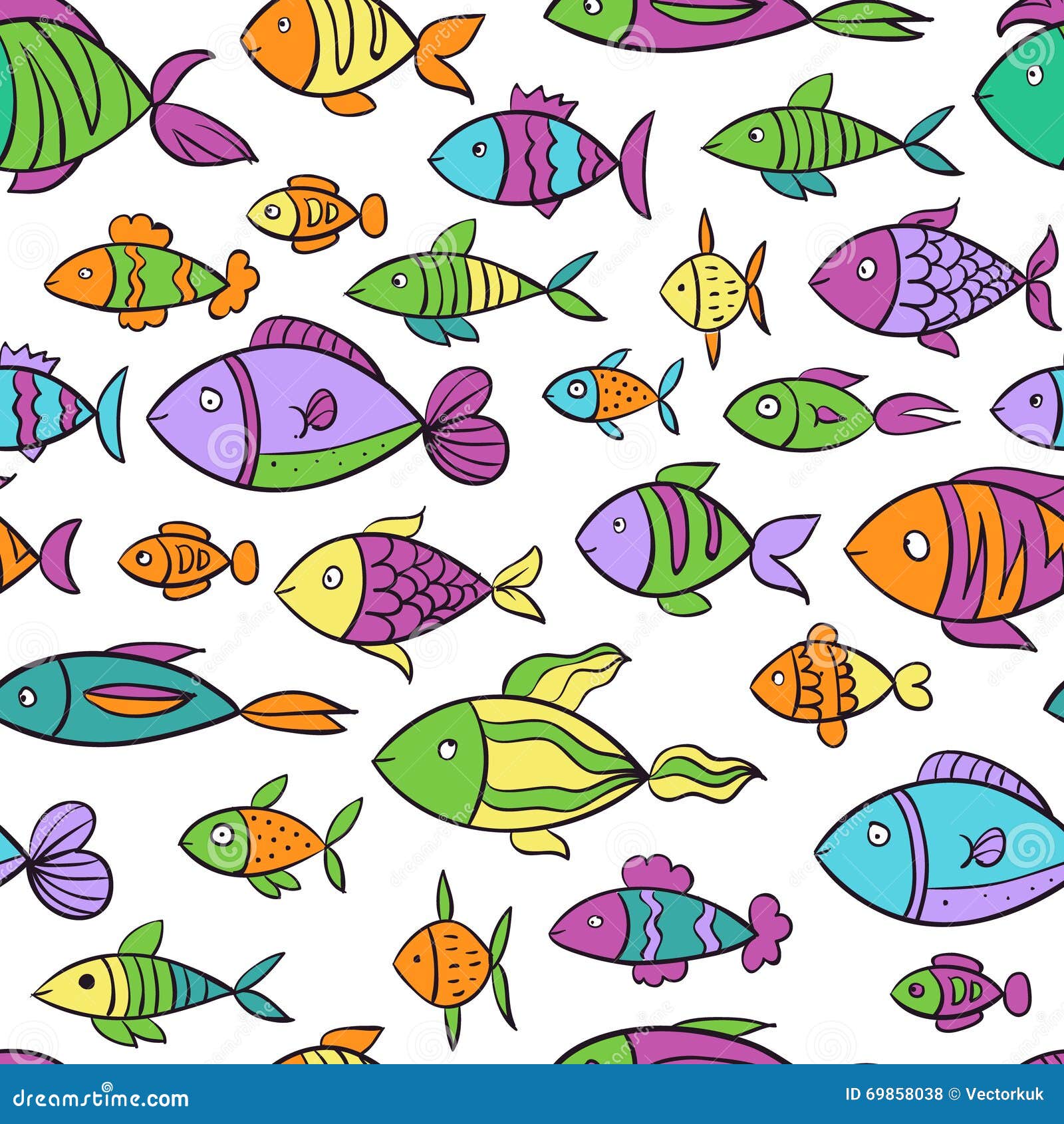 Hand Drawn Colorful Seamless Pattern with Fishes Stock Illustration ...
