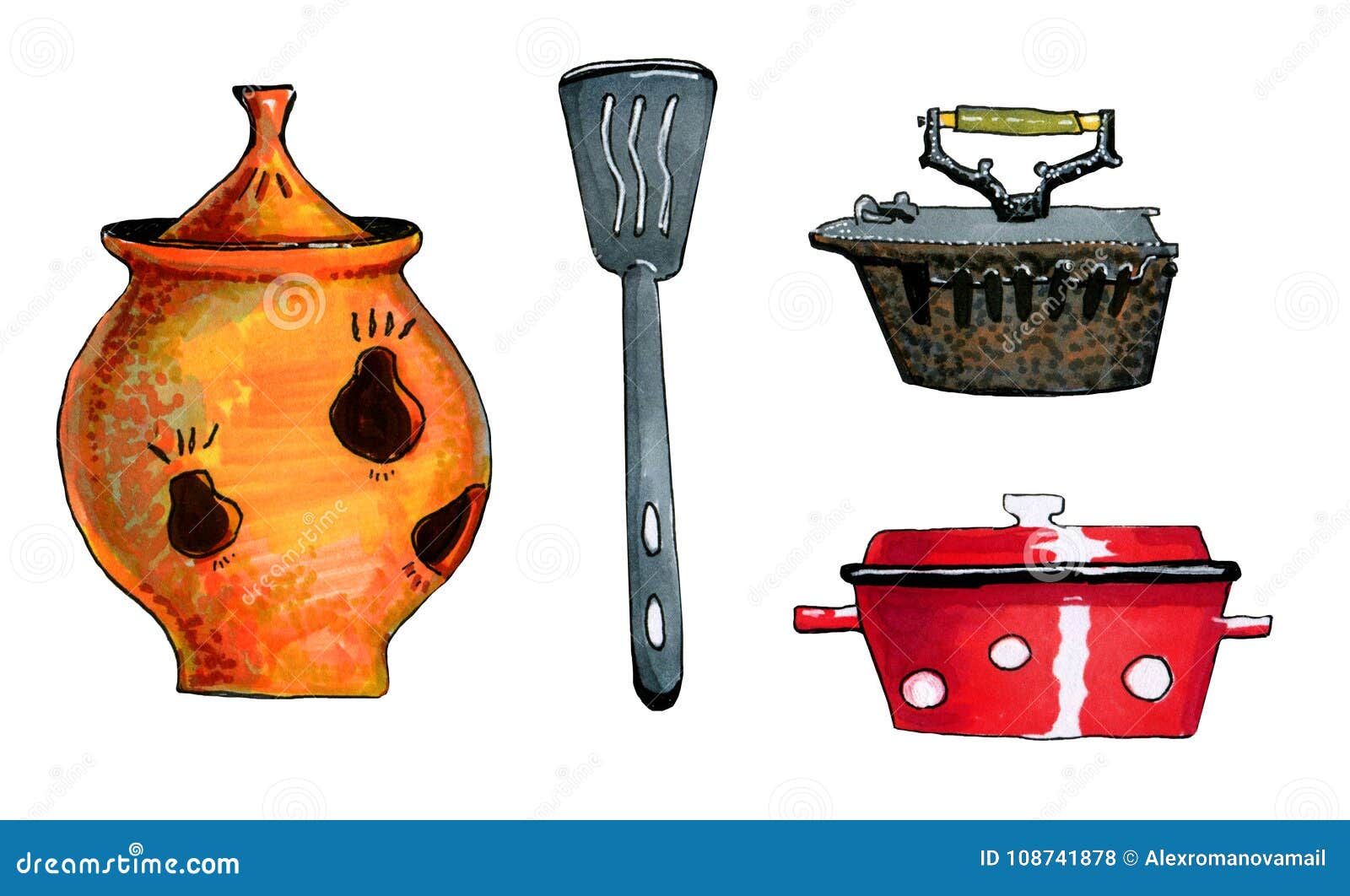 Hand Drawn Colorful Set of Illustrations of Kitchen Accessories Stock ...