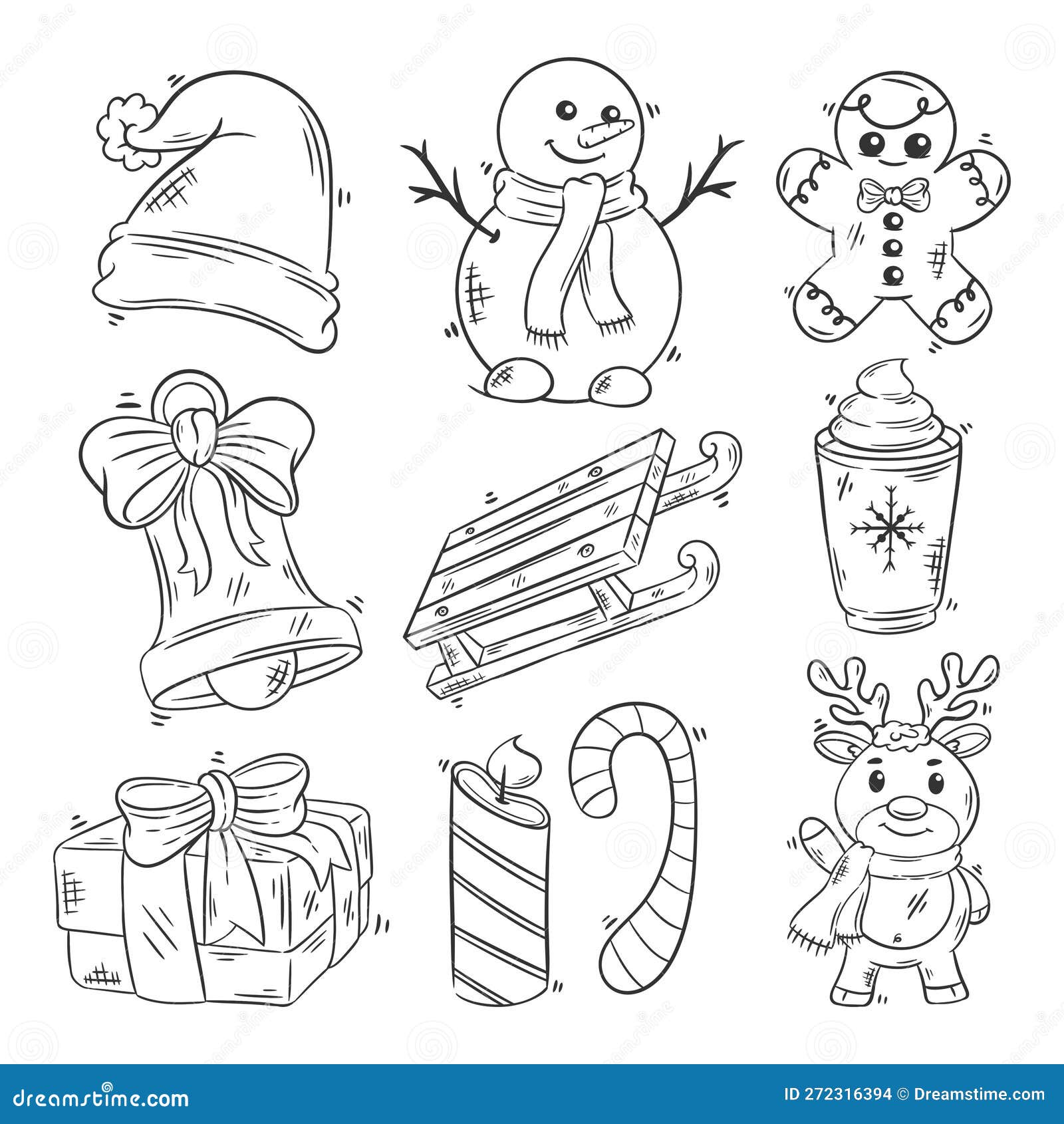 Hand Drawn Coloring Christmas Elements Items Collection Stock Vector ...