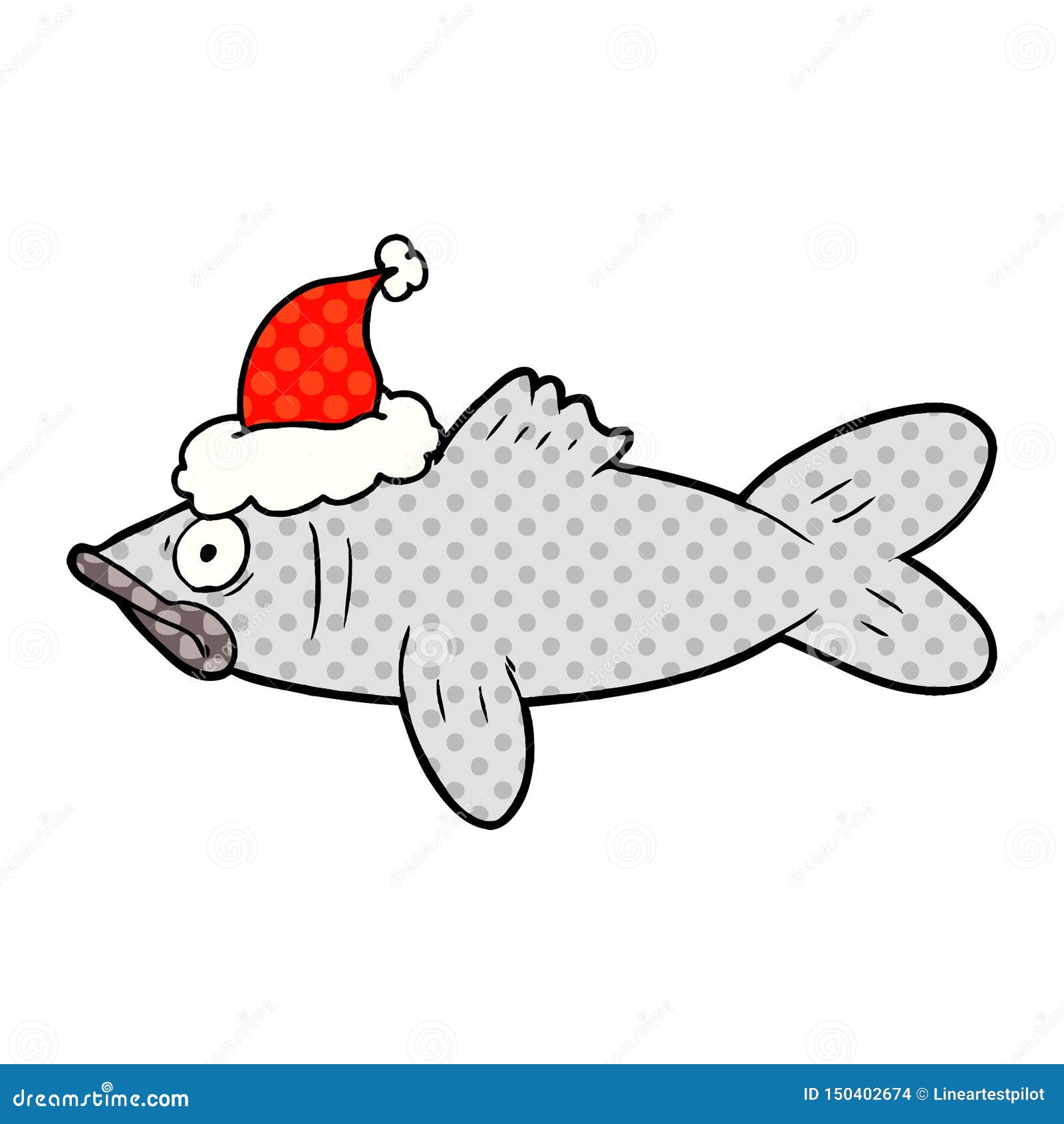 Hand Drawn Comic Book Style Illustration of a Fish Wearing Santa Hat ...