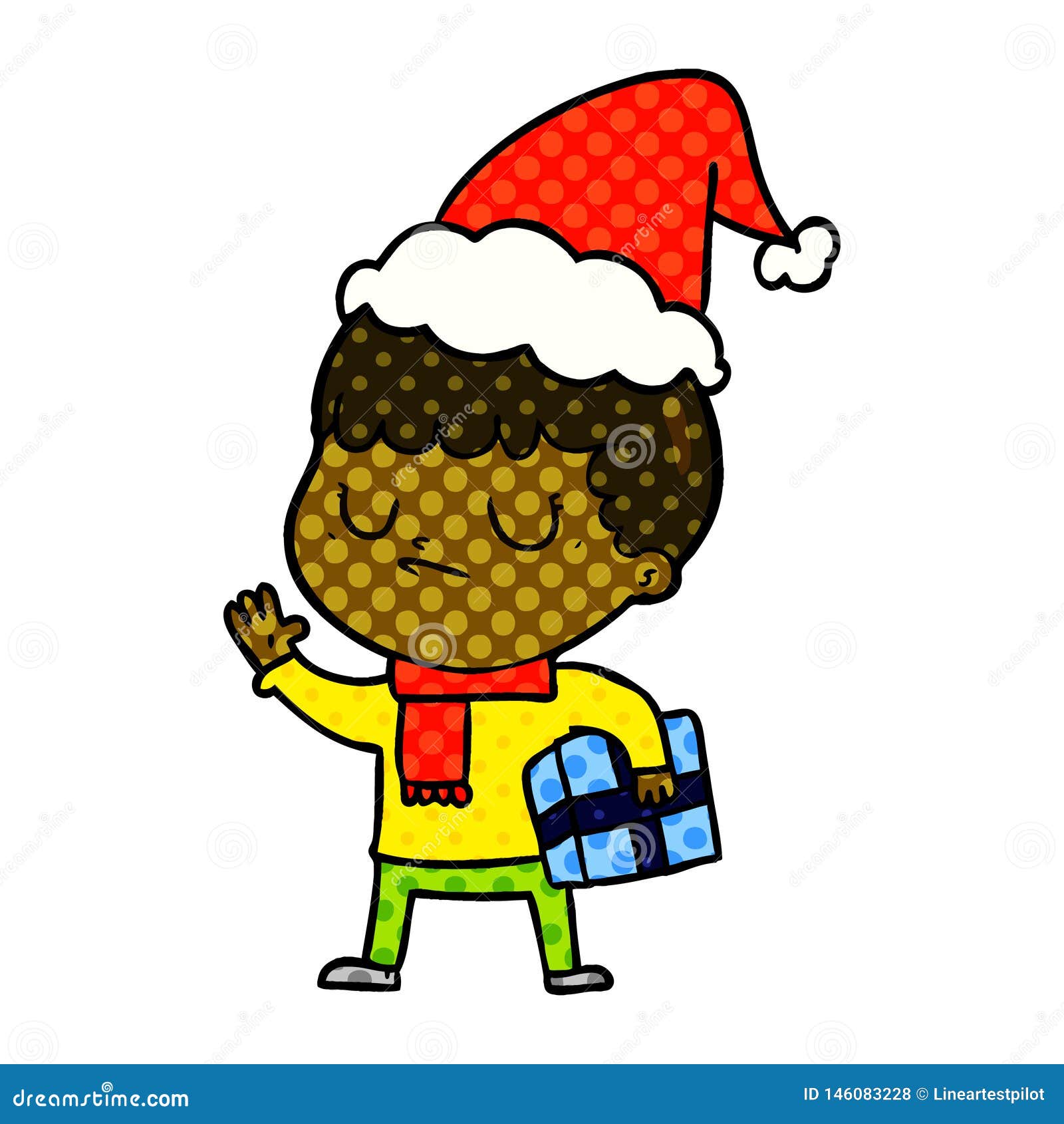 Hand Drawn Comic Book Style Illustration of a Grumpy Boy Wearing Santa ...