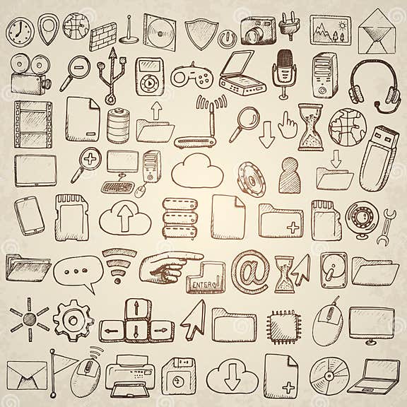 Hand Drawn Computer Icons Set. Stock Vector - Illustration of media ...