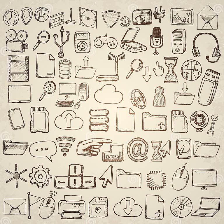 Hand Drawn Computer Icons Set. Stock Vector - Illustration of media ...