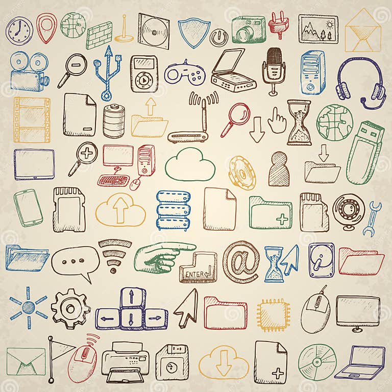 Hand Drawn Computer Icons Set. Stock Vector - Illustration of media ...