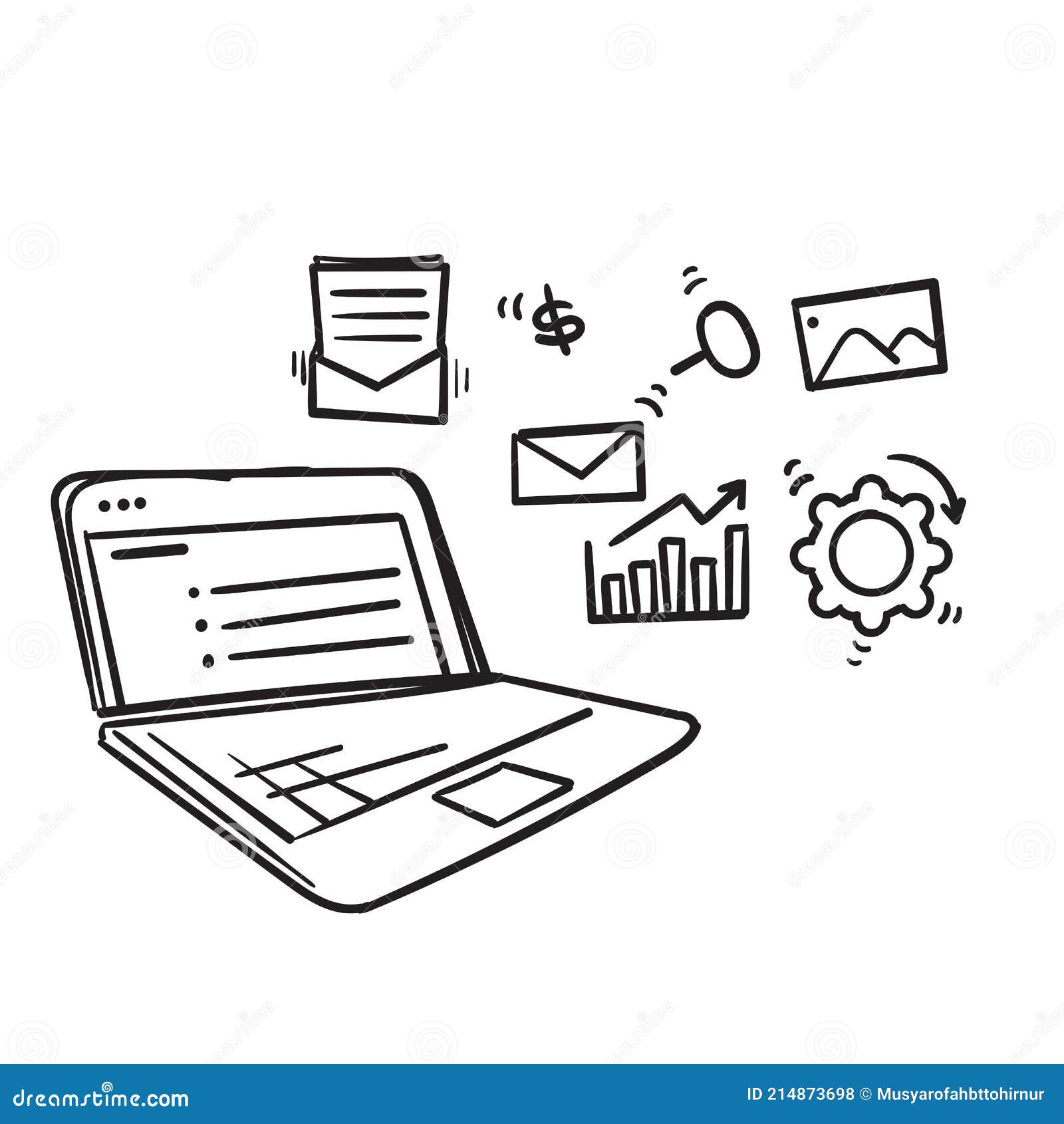 Hand Drawn Computer with Open Pages. Mail and Business Service Concept ...