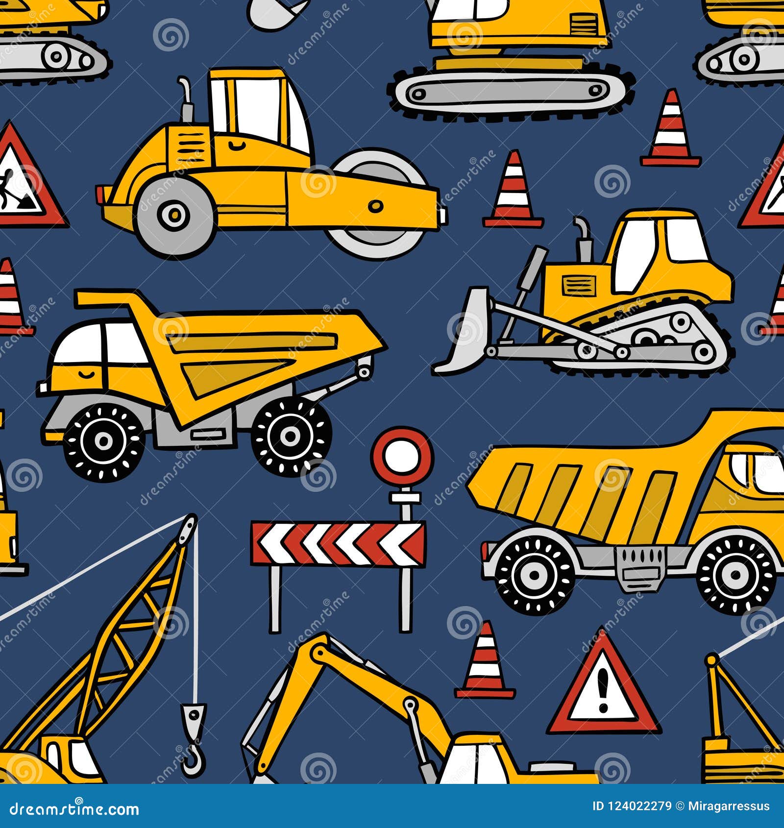 Hand Drawn Construction Cars Seamless Vector Pattern on Blue Background ...