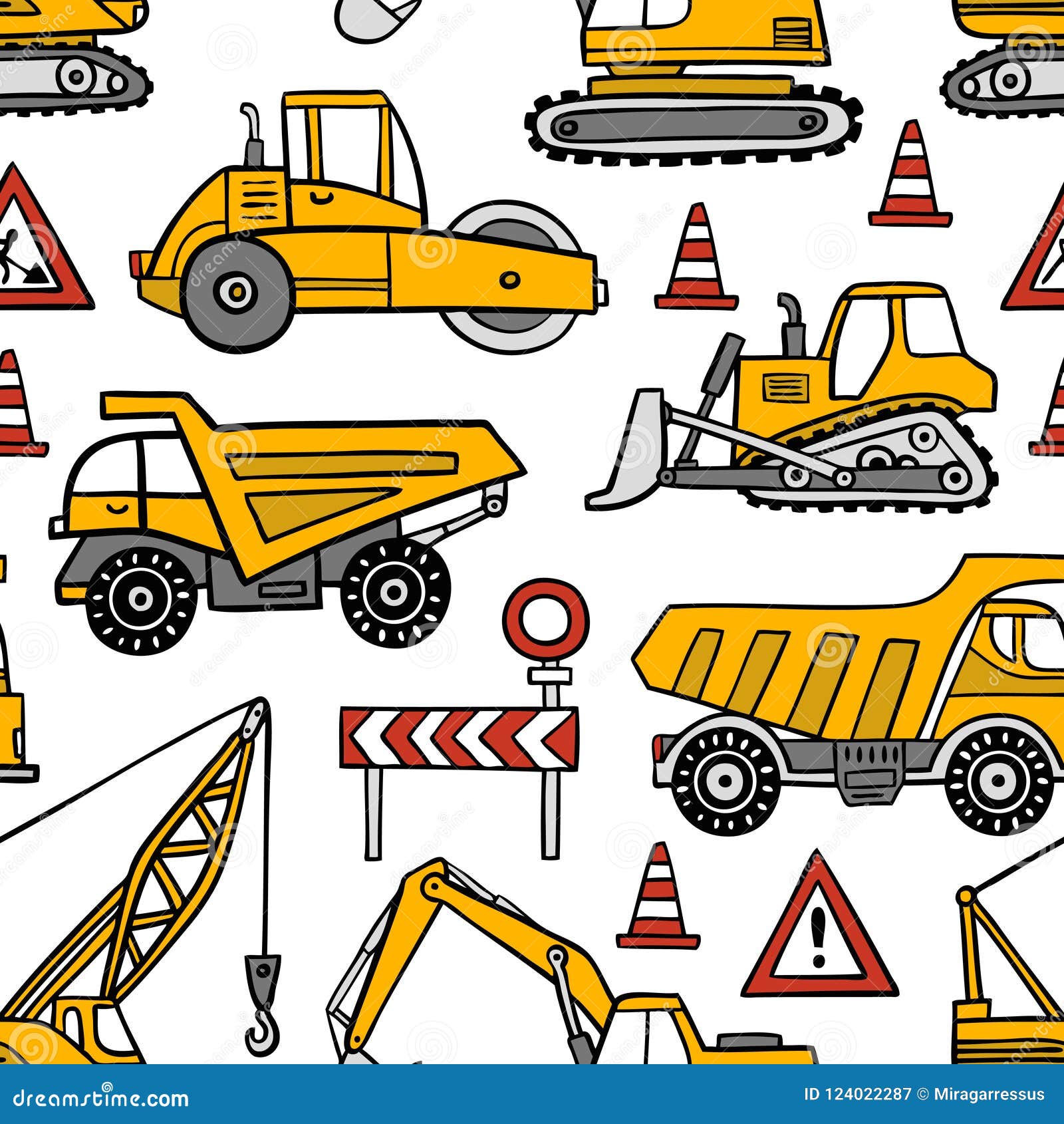 Hand Drawn Construction Cars Seamless Vector Pattern on White ...