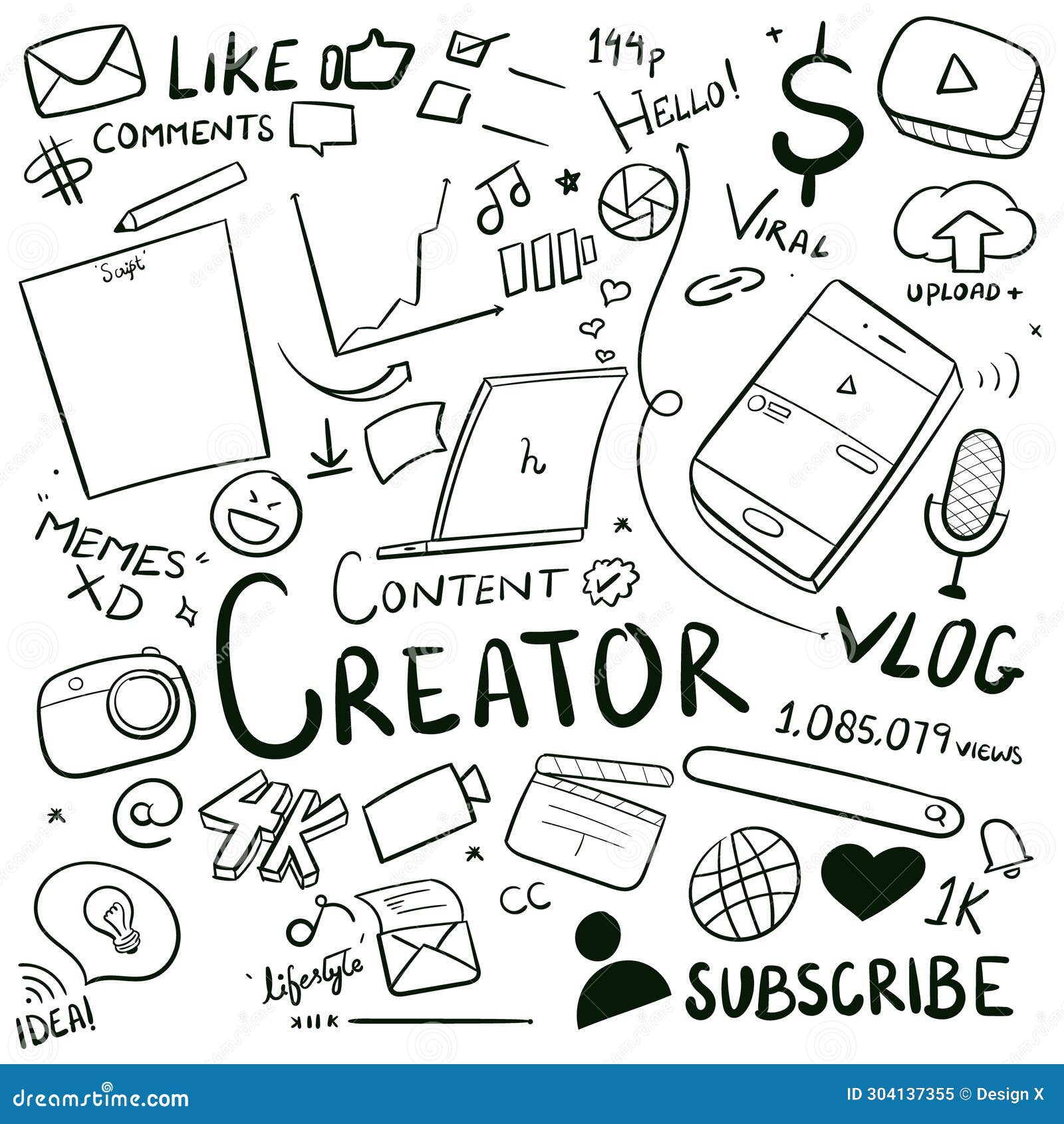 Hand Drawn Content Creators Scribble Doodle Symbols Vector Random Hand ...