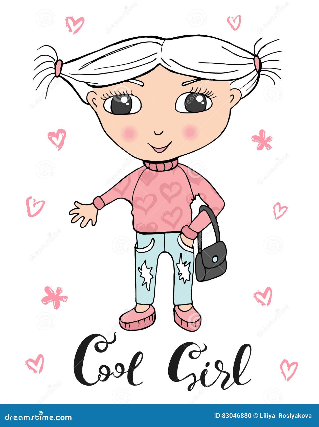 Hand Drawn Cool Cute Girl. Vector Illustration. Stock Illustration ...