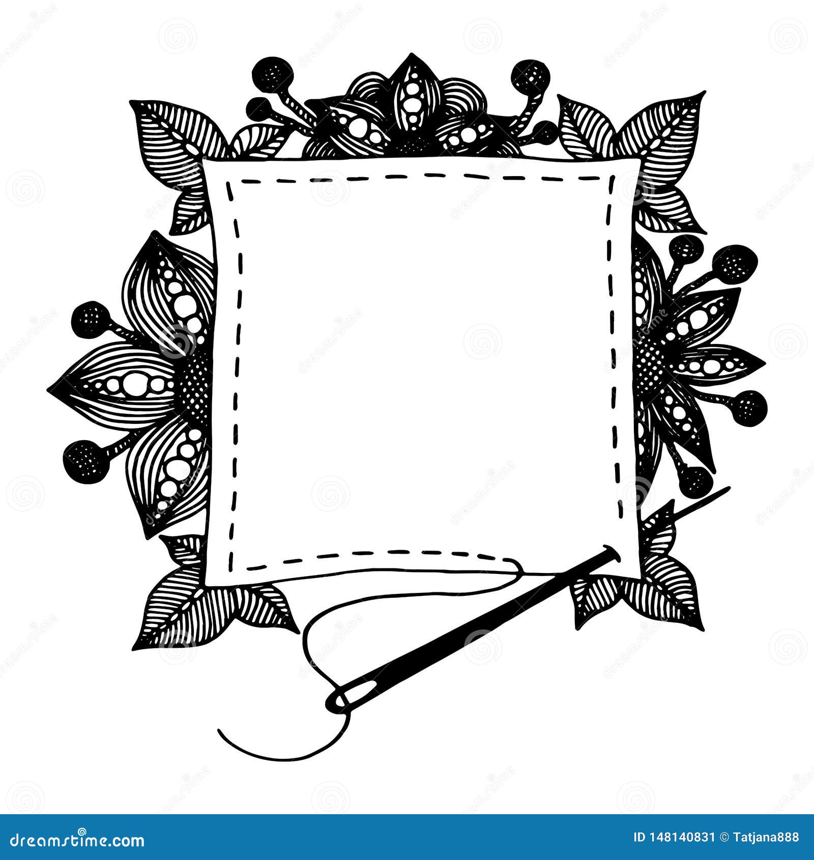 Hand Drawn Copy Space Textile Patch with Seam, Sewing Needle, Flowers ...