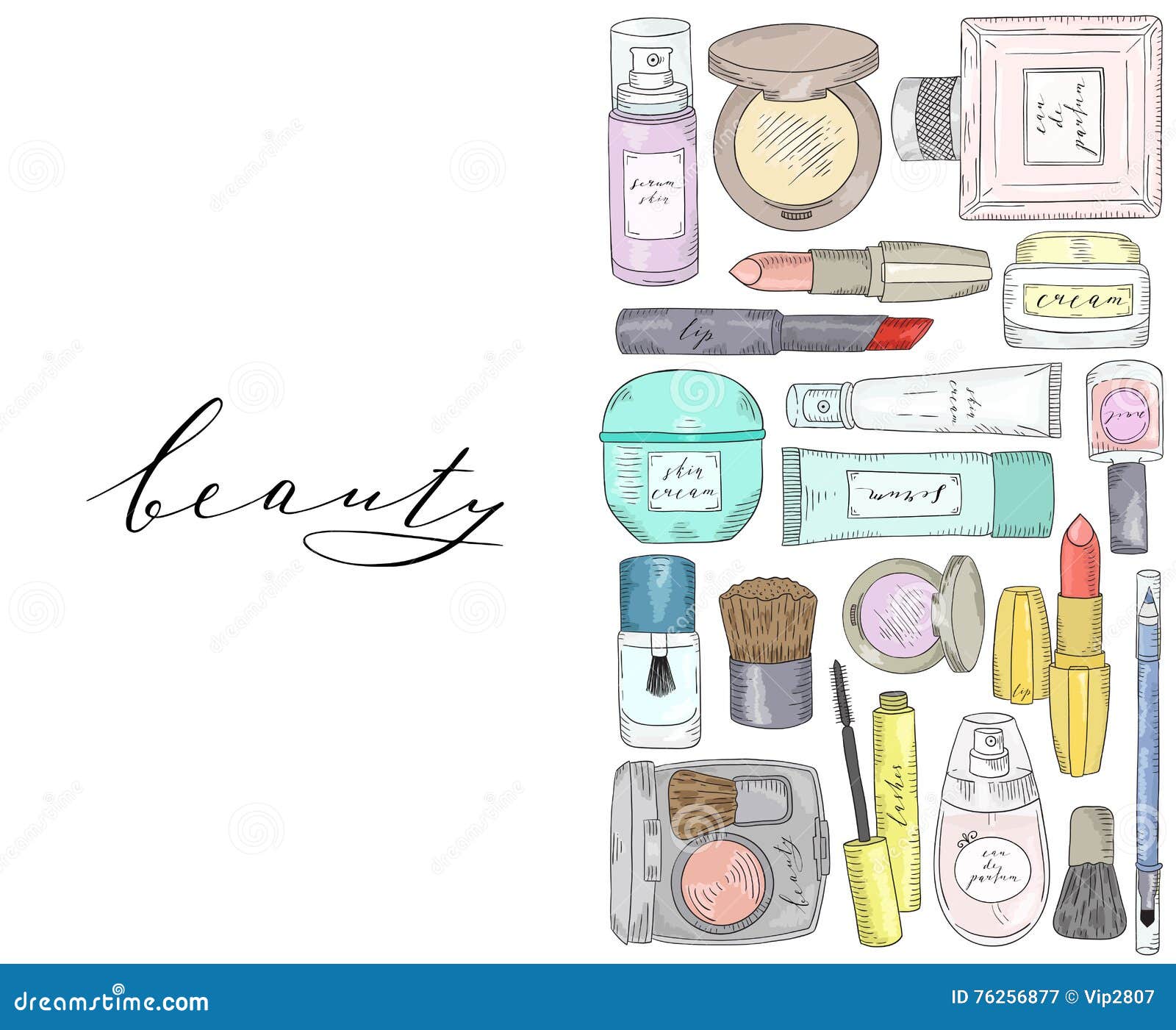 Hand Drawn Cosmetics Set. Beauty and Makeup Stock Vector - Illustration ...