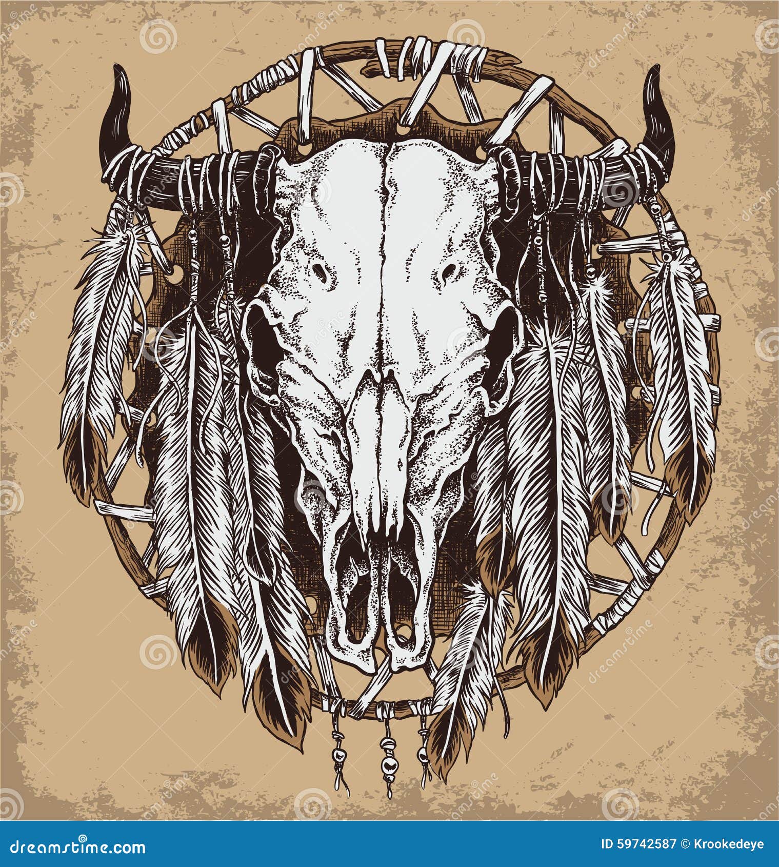 Hand Drawn Cow Skull And Feathers Illustration. Stock Vector - Image ...