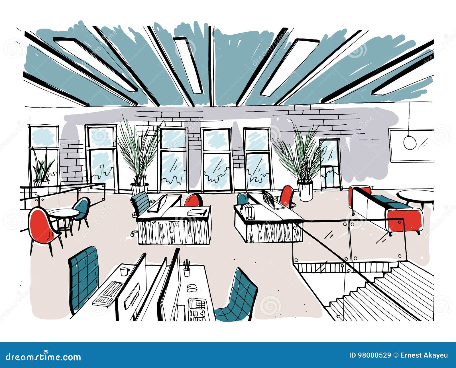Hand Drawn Coworking Cluster. Modern Office Interiors, Open Space Stock ...