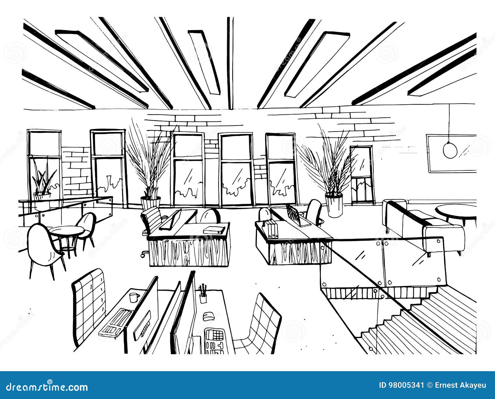 Hand Drawn Coworking Cluster. Modern Office Interiors, Open Space Stock ...