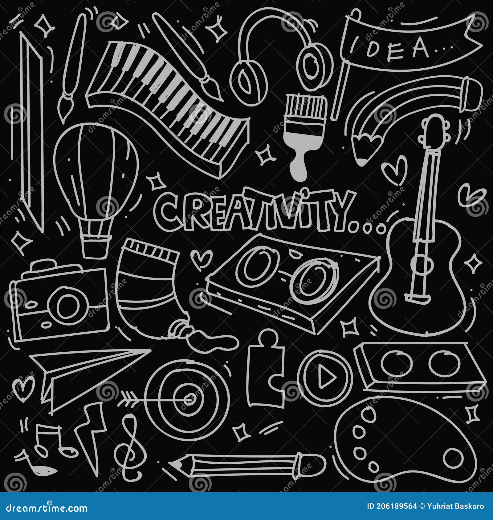 Hand Drawn of Creativity in Doodle Style Isolated on Black Background ...