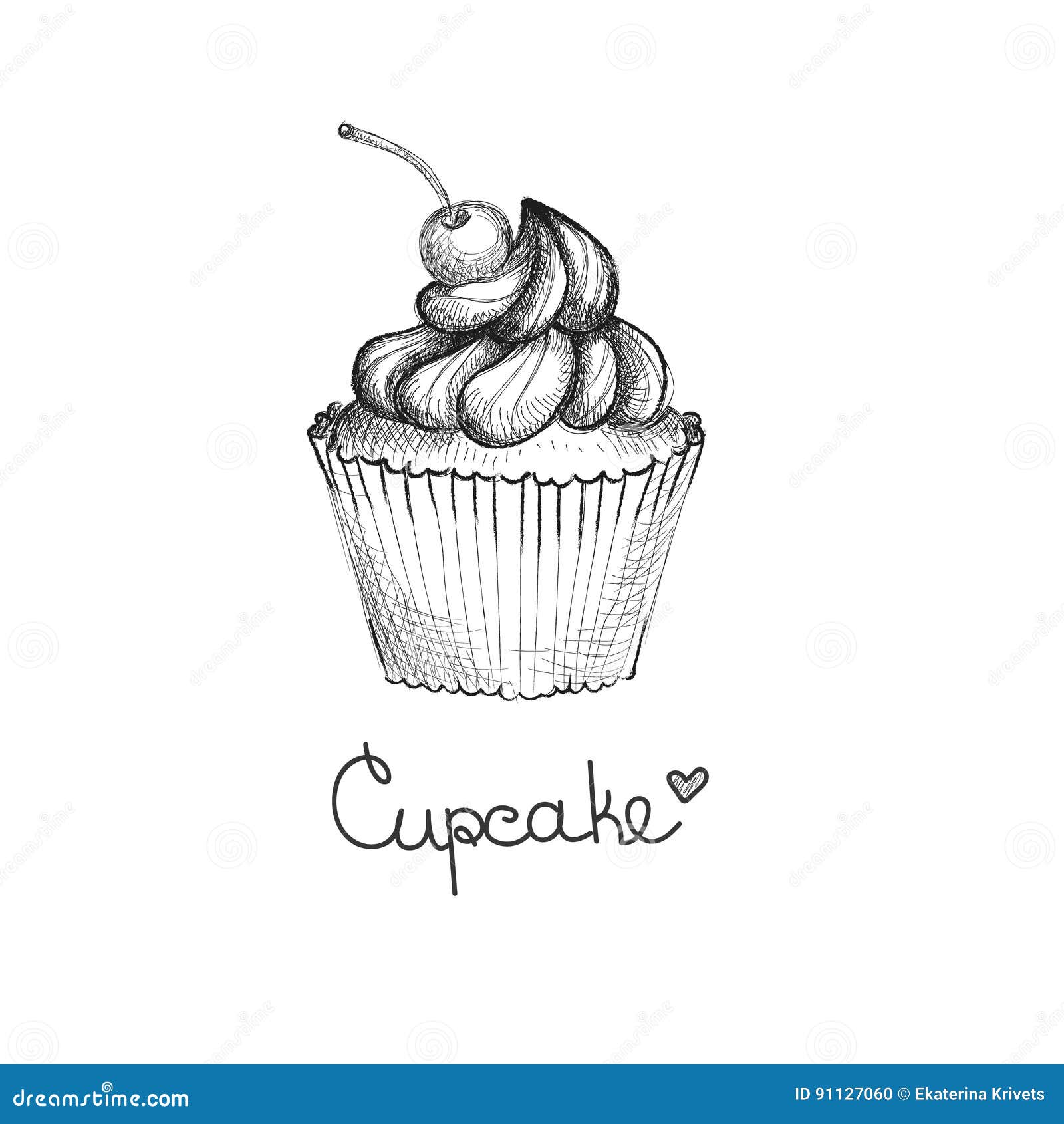 Hand Drawn Cupcake with Cherry Stock Vector - Illustration of dessert ...