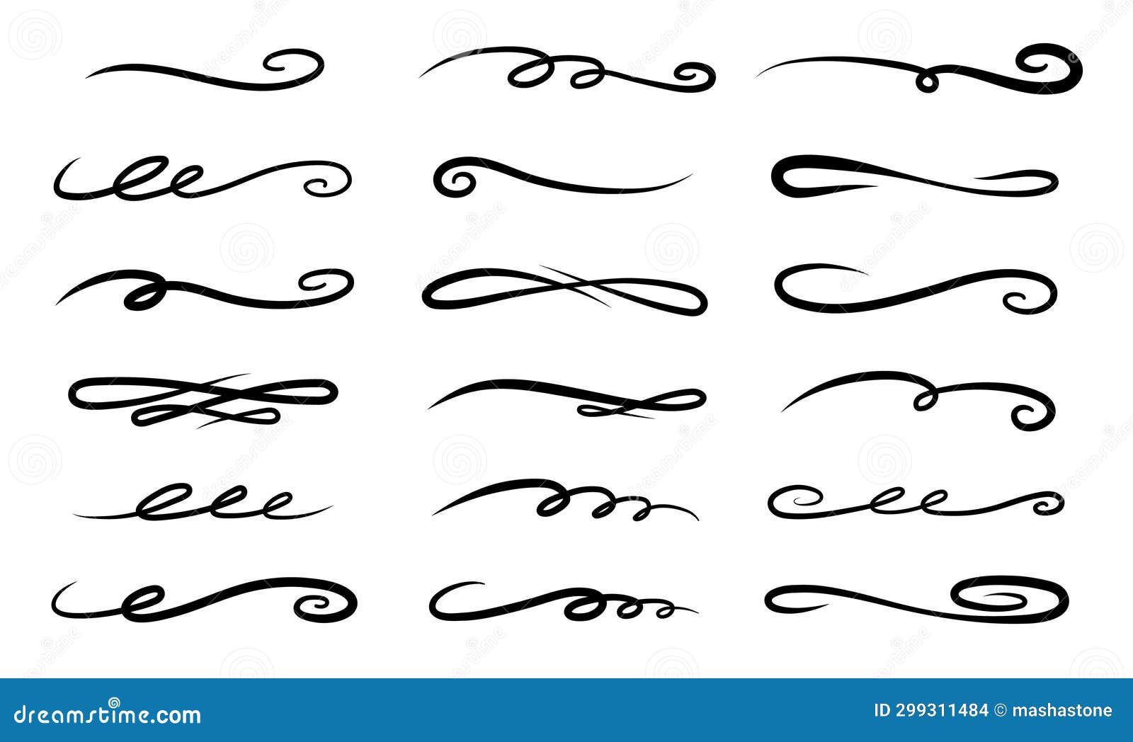 Hand Drawn Curly Swishes Set. Vector Highlight Text Elements. Stock ...