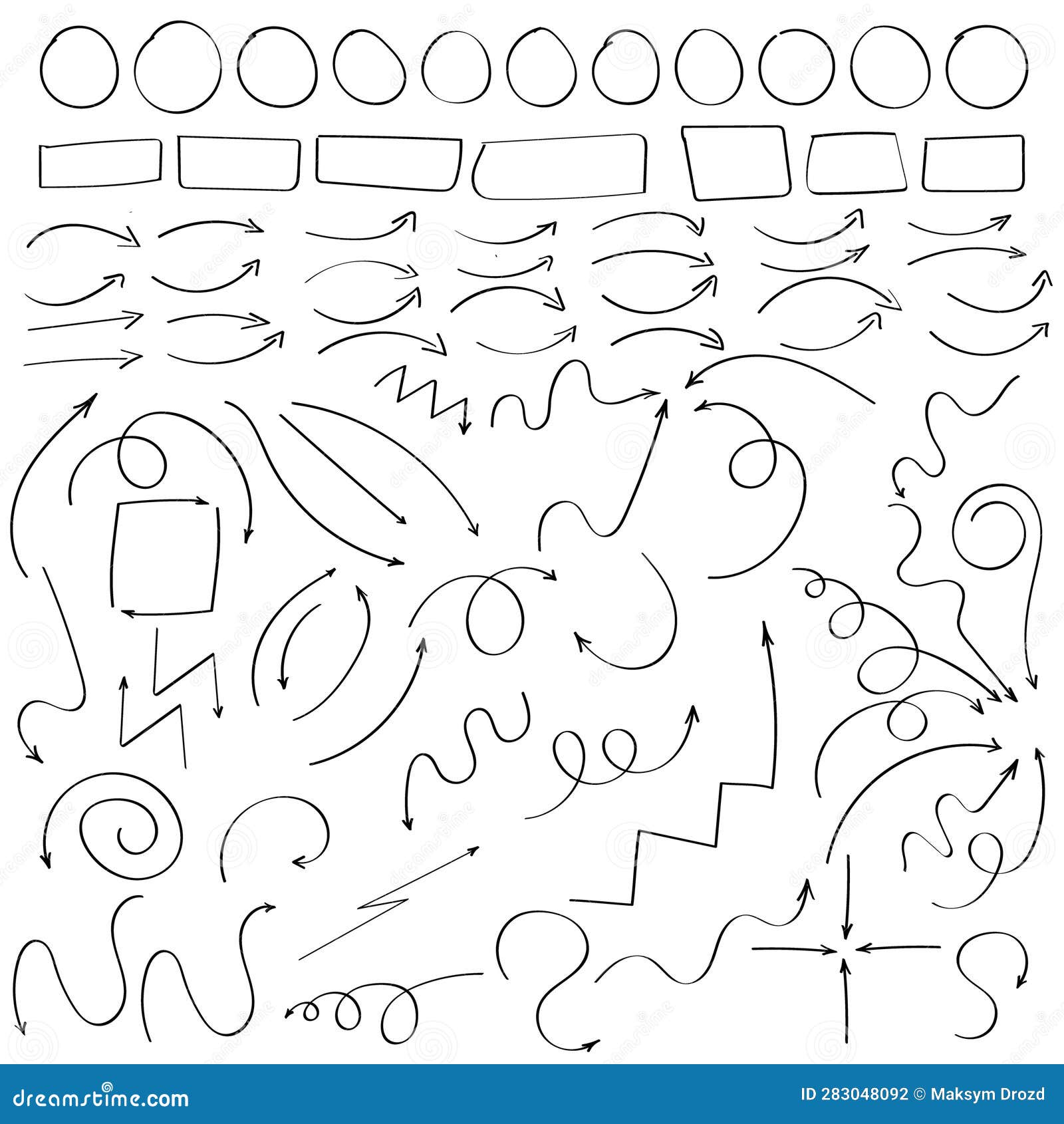 Hand Drawn Curved Arrows, Rectangle Frame, Circle Frame. Sketch Doodle ...