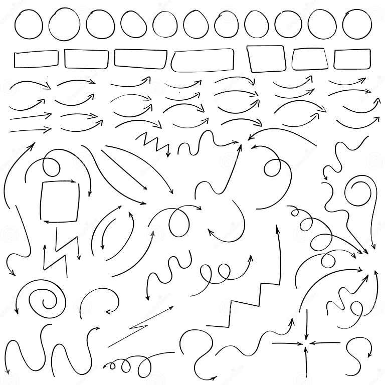 Hand Drawn Curved Arrows, Rectangle Frame, Circle Frame. Sketch Doodle ...