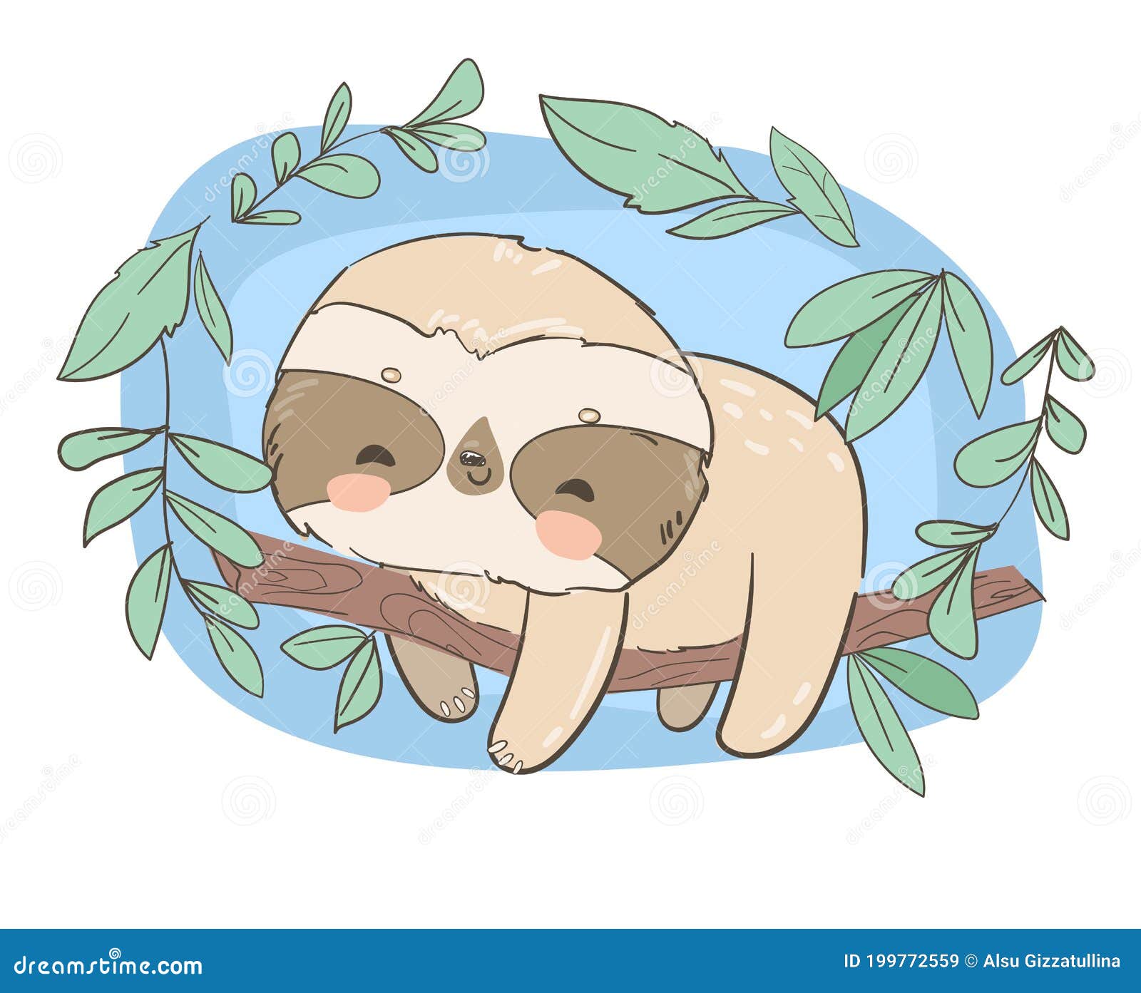Hand Drawn Cute Animal Sloth on the Tree Vector Illustration Stock ...