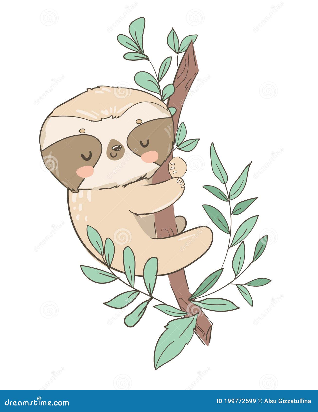 Hand Drawn Cute Animal Sloth on the Tree Vector Illustration Stock ...
