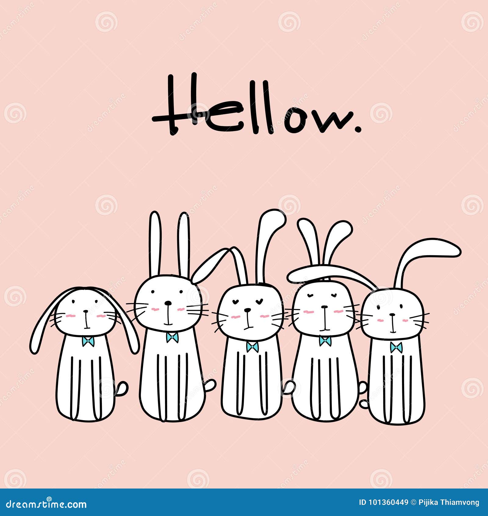 Hand Drawn Cute Bunnies with Say Hello. Stock Vector - Illustration of ...