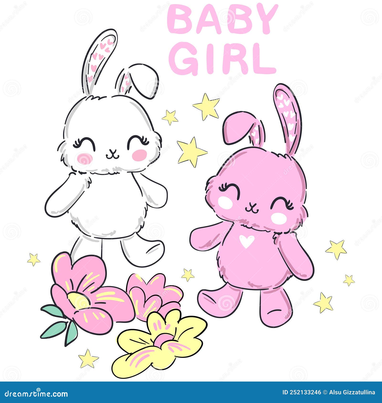 Hand Drawn Cute Bunny and Flowers Vector Illustration Kids Print Design ...