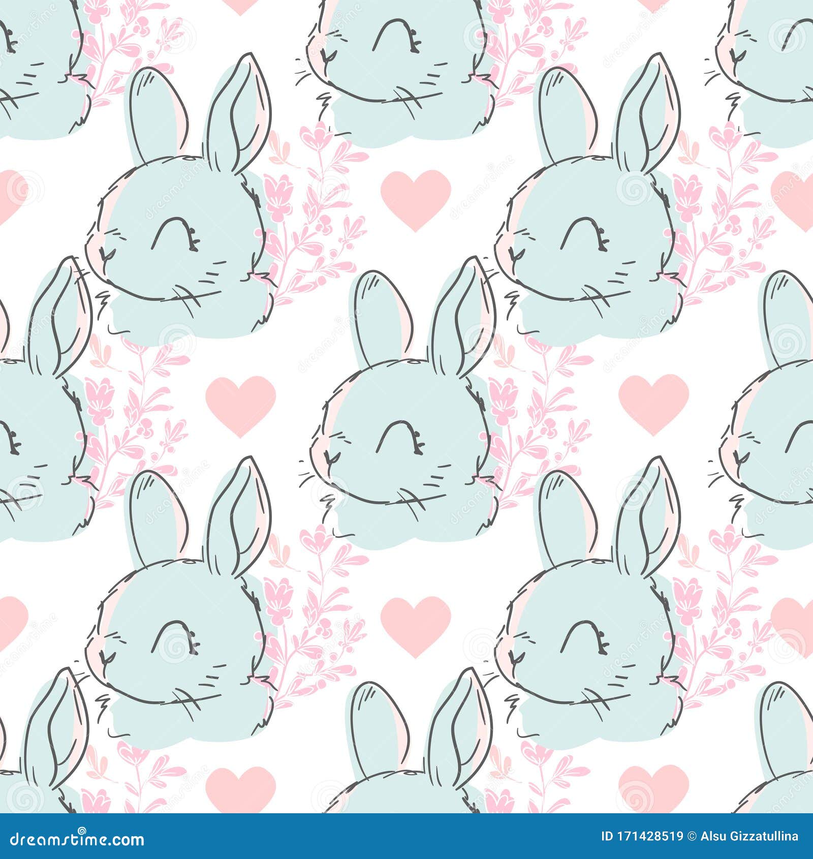 Hand Drawn Cute Bunny and Heart Pattern, Print Design Rabbit Background ...