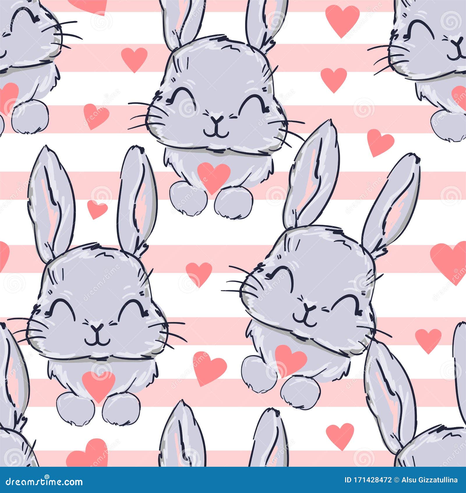 Hand Drawn Cute Bunny and Heart Pattern, Print Design Rabbit Background ...