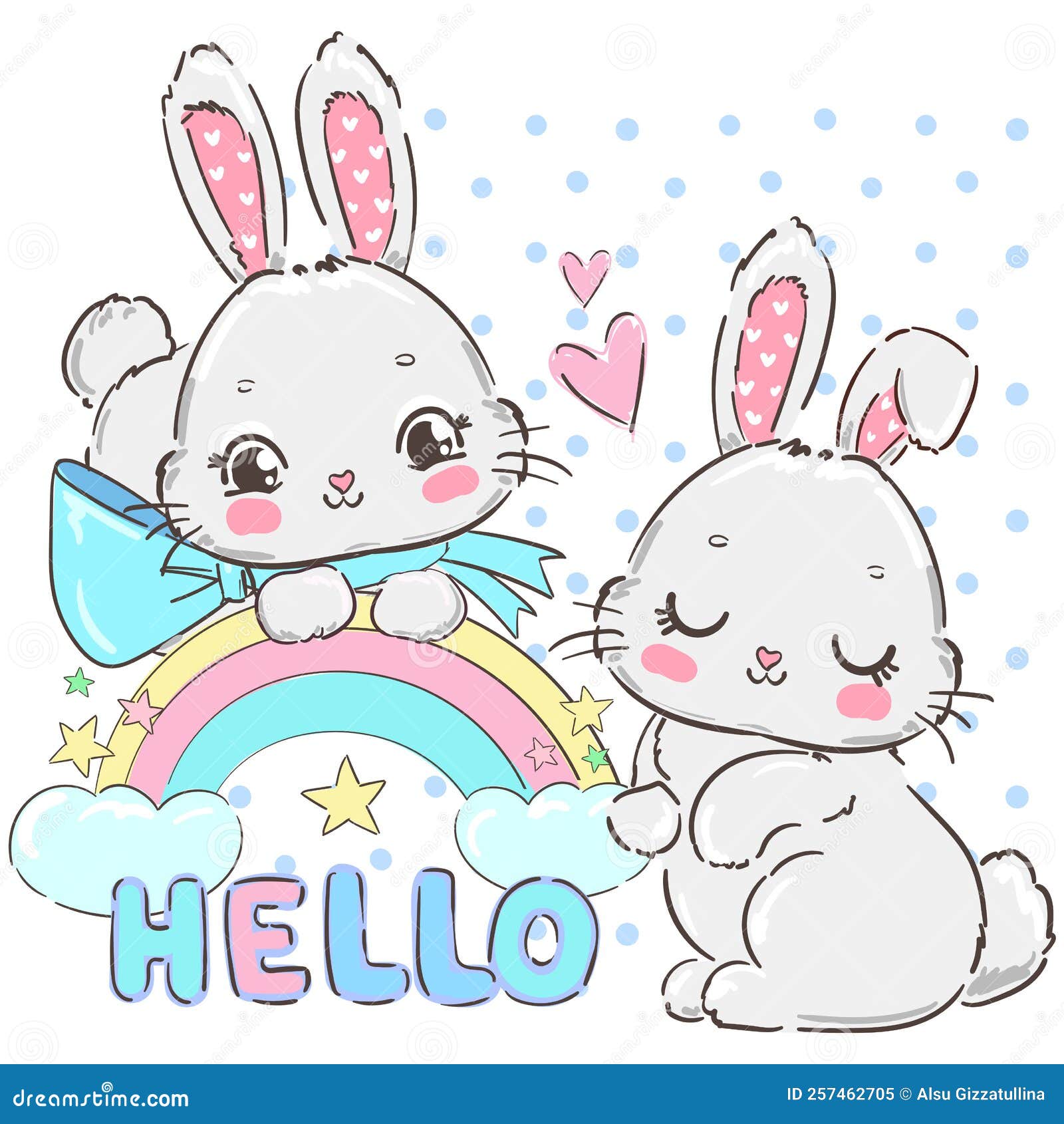 Hand Drawn Cute Bunnys and Rainbow Vector Illustration Print Design ...