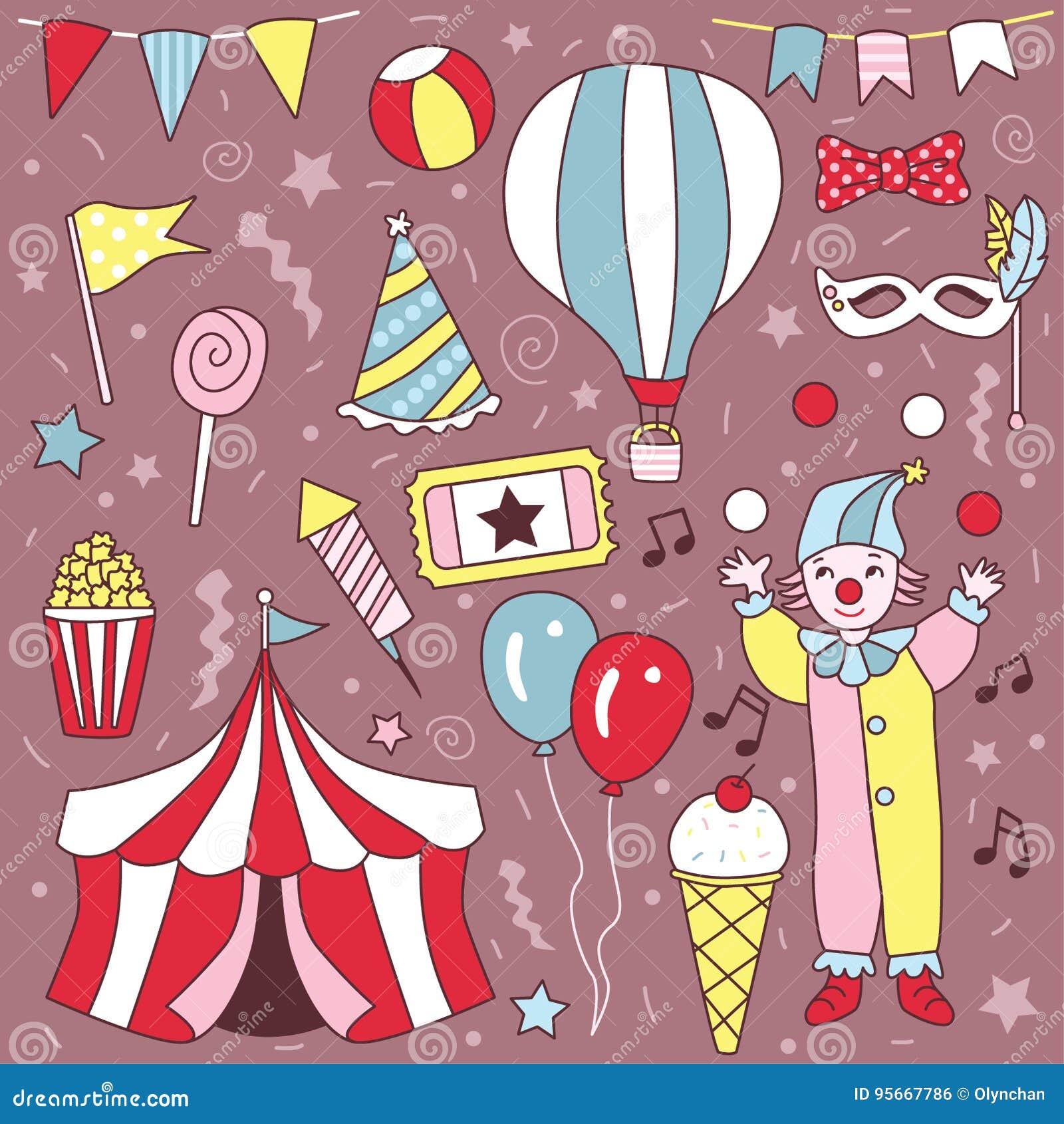 Hand Drawn Cute Carnival Clown Cartoon Vector Set Illustration Stock ...