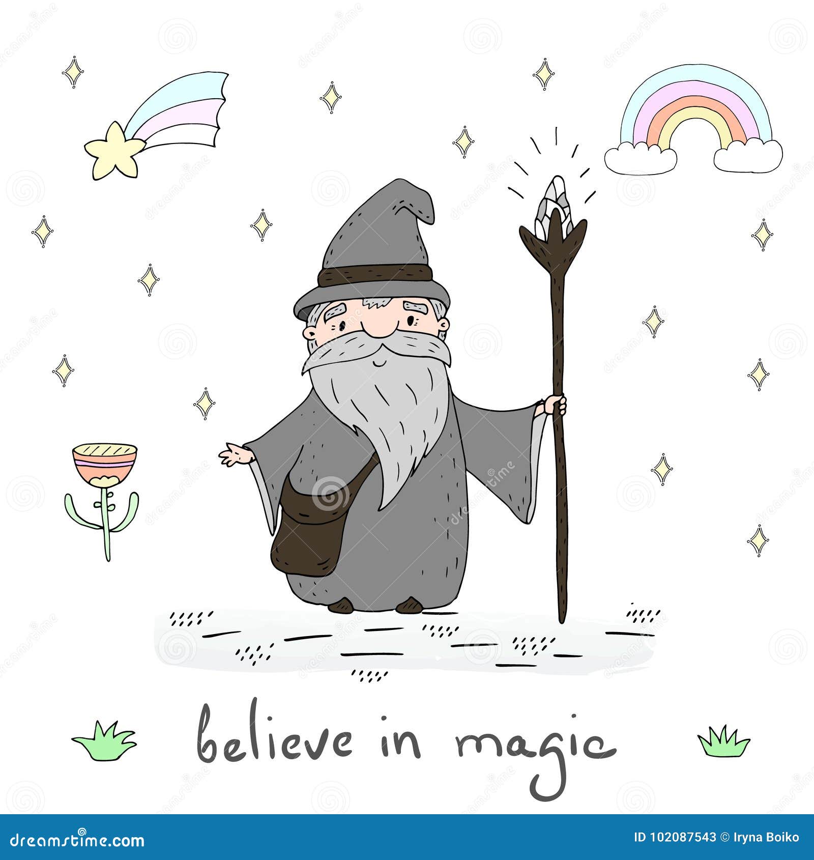 Hand Drawn Cute Cartoon Wizard. Vector Print Stock Vector ...