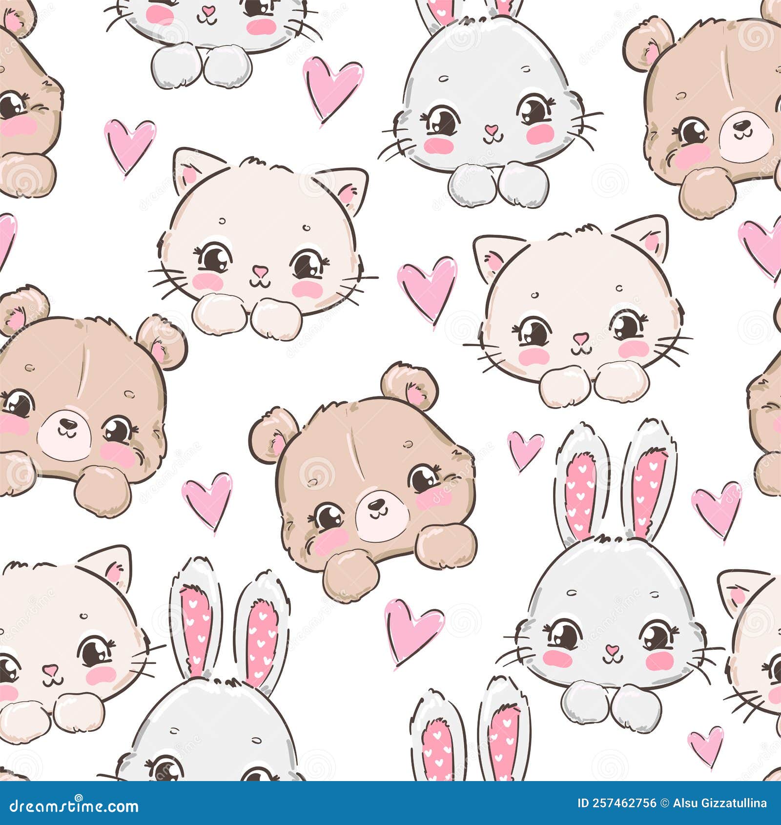 Hand Drawn Cute Cat Bear Bunny Vector Sketch Seamless Pattern Print Design Stock Illustration