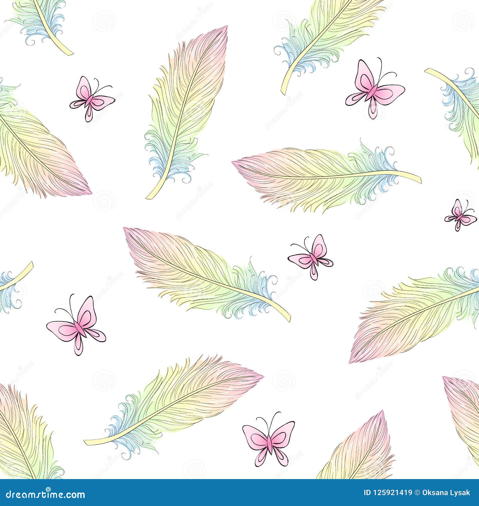 Hand Drawn Cute Feather and Butterflies Seamless Pattern. Stock Vector ...
