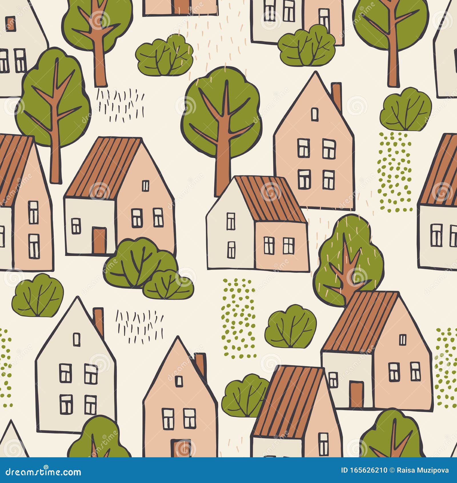 Houses and Trees. Vector Seamless Pattern Stock Vector - Illustration ...