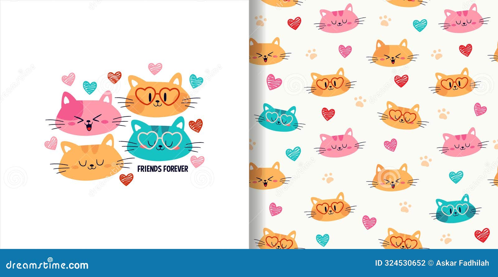 Hand Drawn Cute Kawaii Cats and Friends Seamless Pattern Stock ...