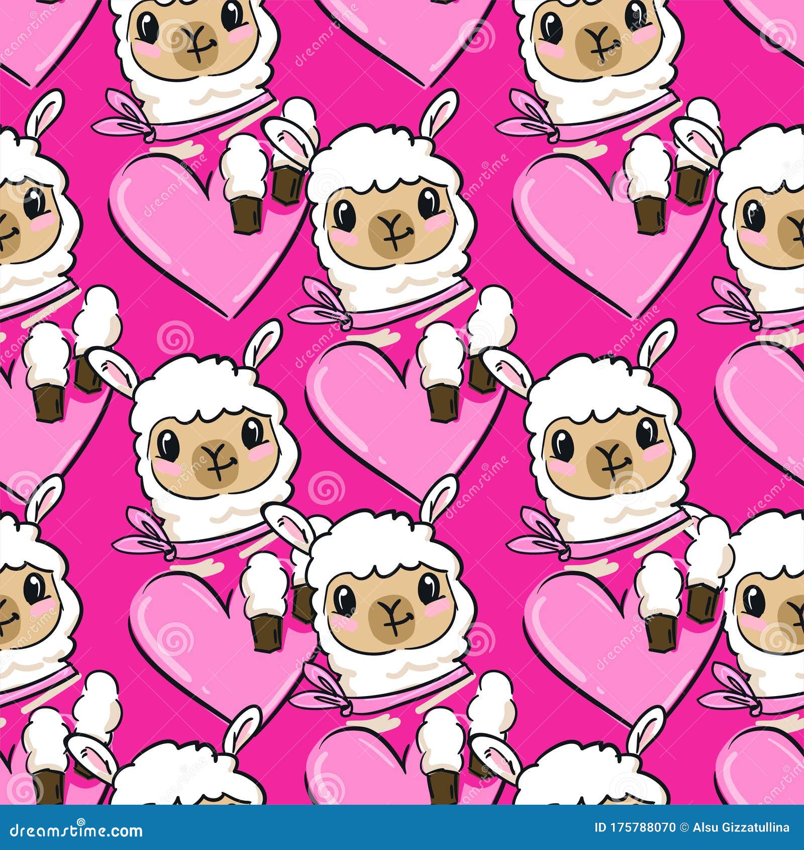 Hand Drawn Cute Lama with Heart Pattern Seamless. Print Design Textile ...
