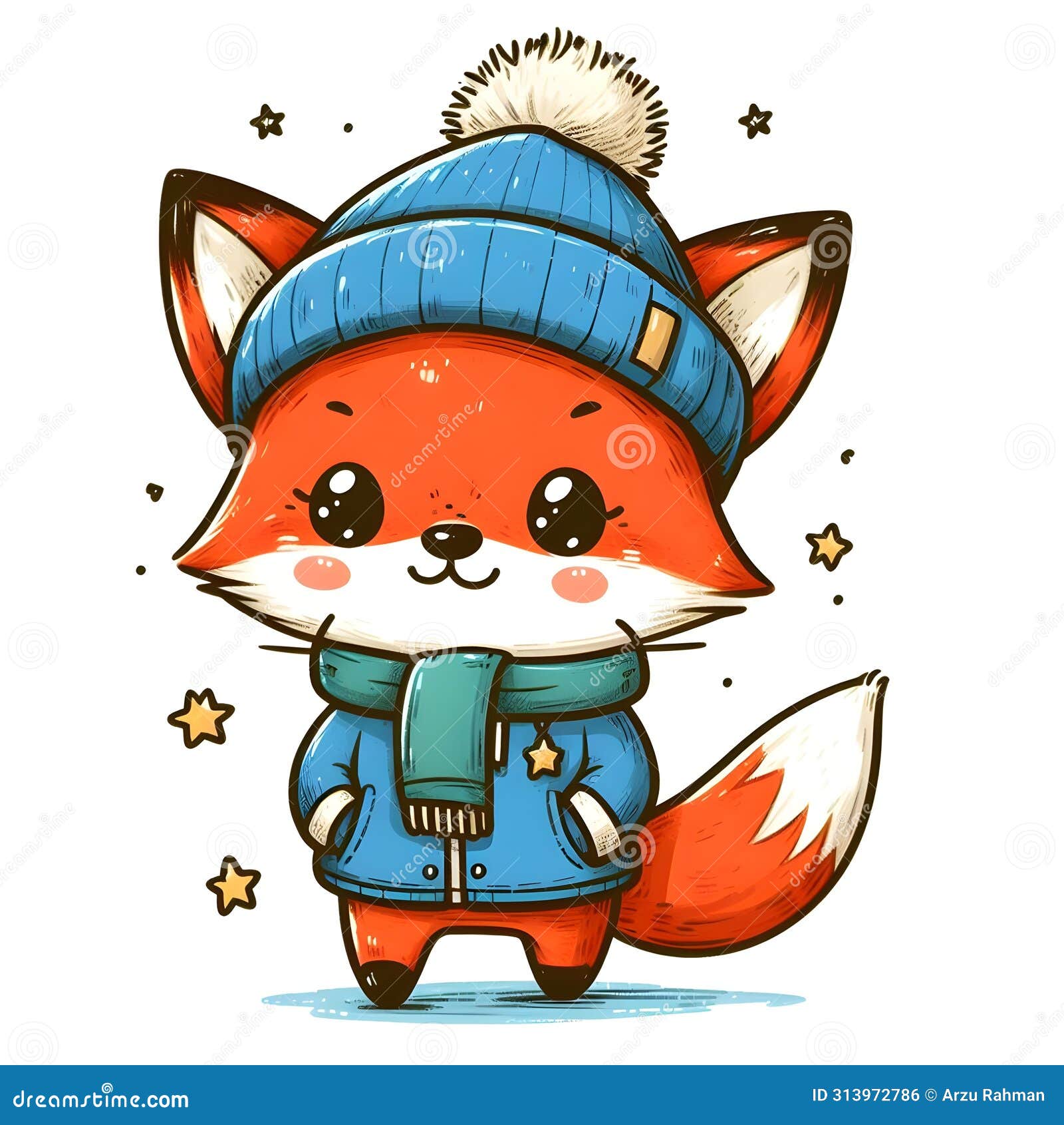 Hand Drawn Cute Little Fox in Blue Hat Cartoon Style Stock Illustration ...