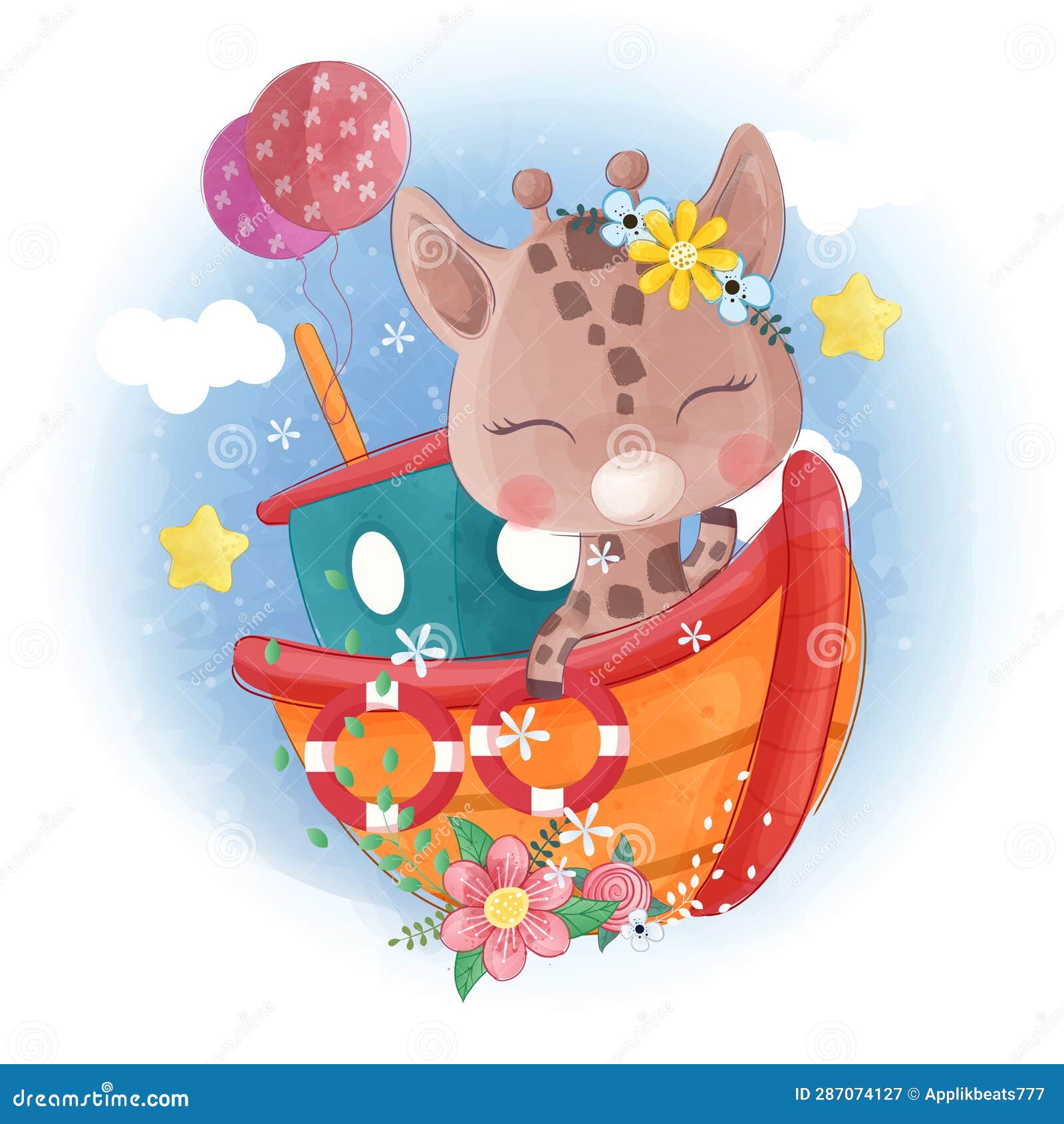 Hand Drawn Cute Little Giraffe on a Boat Stock Illustration ...