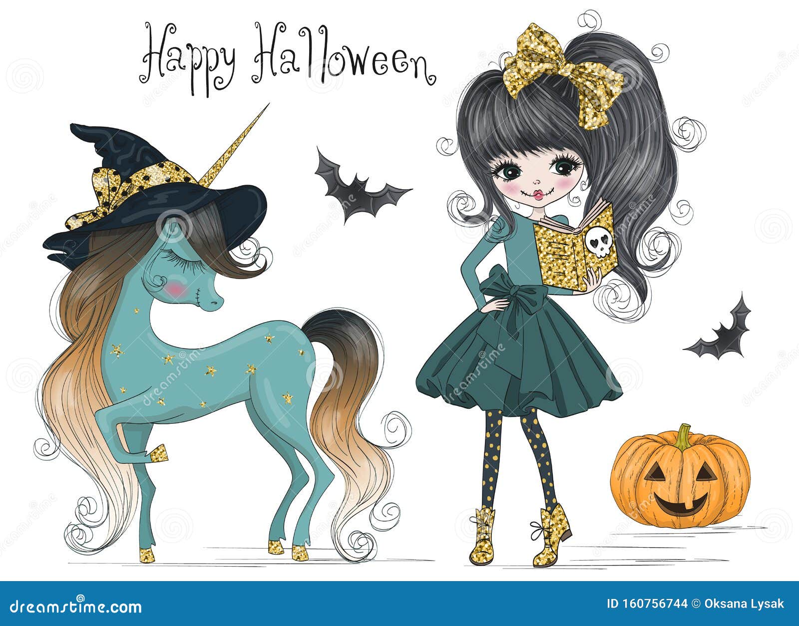 Hand Drawn Cute Little Unicorn in Witch Hat. Happy Halloween Lettering ... Hand Drawn Cute Little Unicorn in Witch Hat. Happy Halloween Lettering ...
