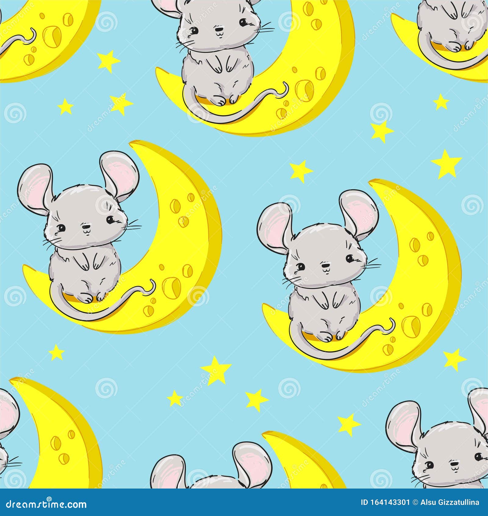 Hand Drawn Cute Mouse with Cheese Pattern Seamless. Symbol 2020 New Year Chinese Calendar ...