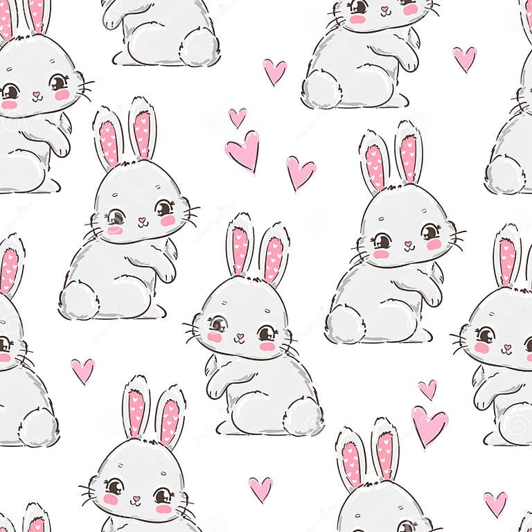 Hand Drawn Cute Rabbits Vector Seamless Pattern Kids Print Background ...